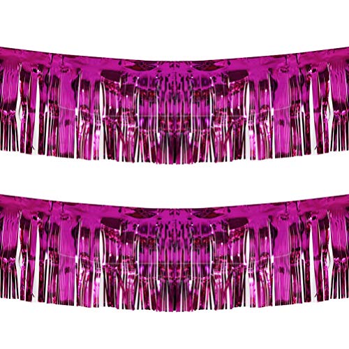 Blukey 10 Feet by 15 Inch Fuchsia Foil Fringe Garland - Pack of 2 | Shiny Metallic Tinsel Banner | Ideal for Parade Floats, Bridal Shower, Wedding, Birthday, Christmas | Wall Hanging Drapes