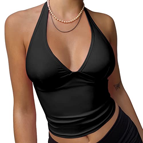 HOTOLP Halter Crop Tops for Women Sexy Deep V Neck Backless Going Out Tops Sleeveless Tie Back Cami Y2k Workout Tank Top (L Black)