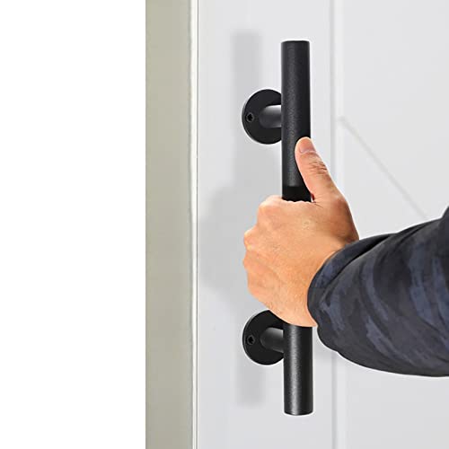 MIWOOYY 12 inch Barn Door Handle Matte Black - Handmade Rustic Sliding Barn Door Pull Flush Handles with Hook Lock Latch Set, Barn Door Gate Garage Hardware Kit
