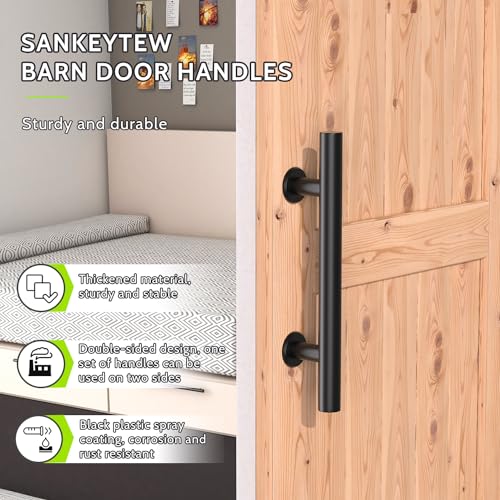 SANKEYTEW 2 Pack 12" Sliding Barn Door Handle Pulls and Flush Two-Sided Hardware Set with Barn Door Latch Lock, Barn Door Handles Black, Rustic, Protective Coating, Easy to Install