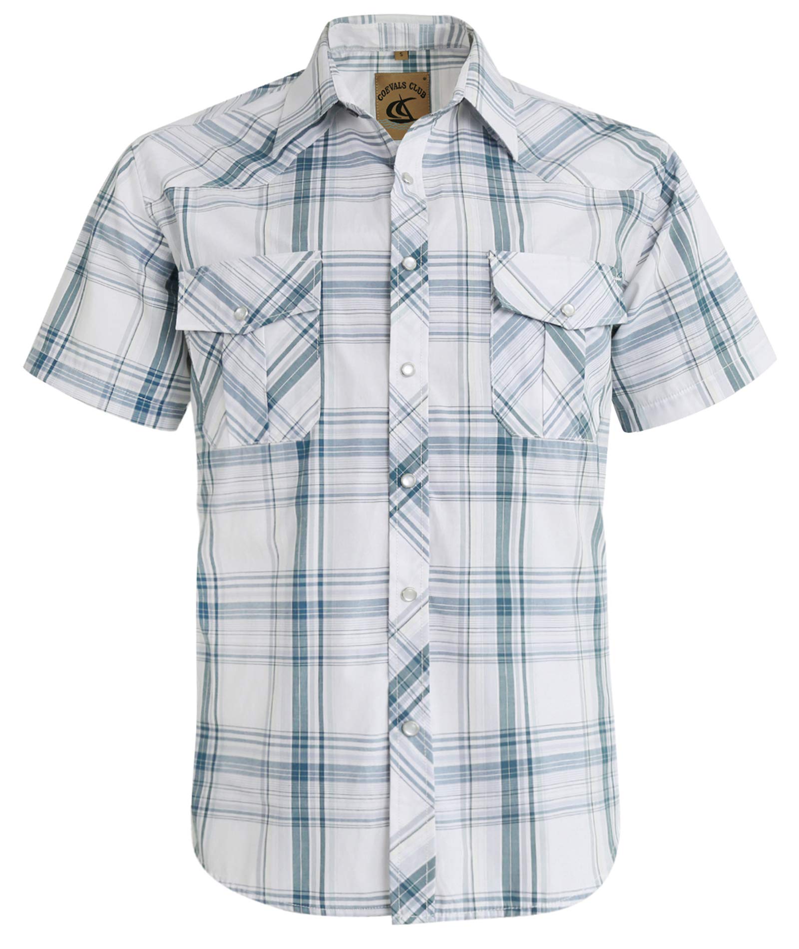 COEVALS CLUB Men's Western Cowboy Short Sleeve Pearl Snap Casual Plaid Work Shirts (White Plaid #28 L)