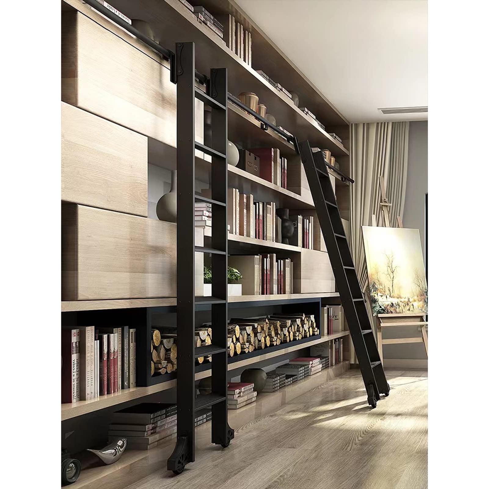 Hook On Rolling Library Ladder Track Kit, Satin Black Finish Rolling Ladder Hardware Kit(No Ladder) W/Caster, Metal Step Rods W, Sliding Hook Assemblies(Limited to Ladder Thickness 2.5cm) (Size : 9.