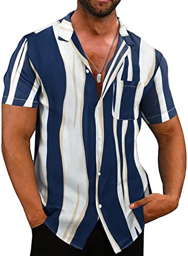 JMIERR Men's Button Up Hawaiian Shirt Tropical Floral Short Sleeve Mens Beach Shirts Summer Vacation Shirts with Pockets, US 40(M), Sky Blue