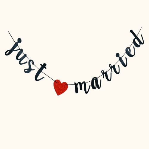 Just Married Banner- Wedding Party Sign, Bridal Shower Decoration Prop Photos (Black Glitter)