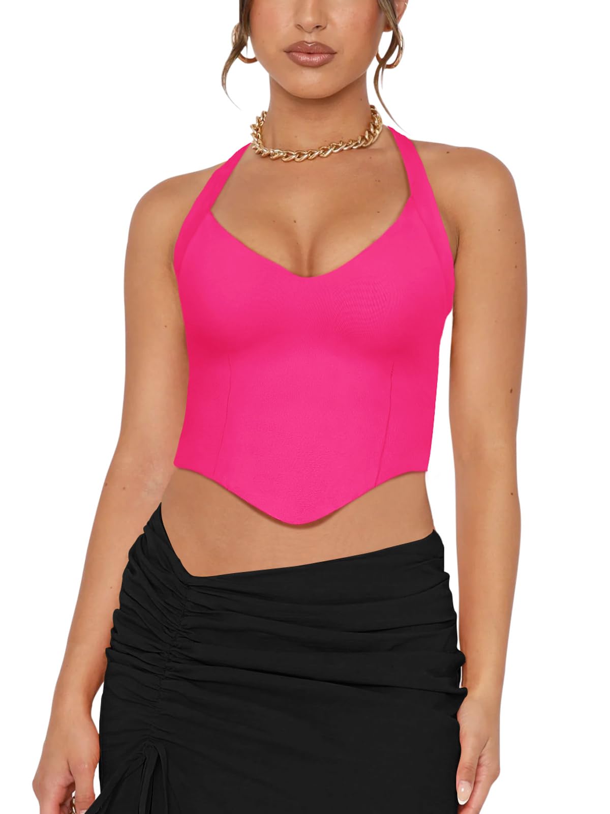 REORIA Women's Summer Sexy Halter V Neck Sleeveless Backless Y2K Trendy Crop Tank Tops for Going Out Neon Rose Red Medium
