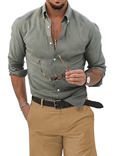 JMIERR Men's Cotton Linen Casual Stylish Button Down Shirt Long Sleeve Lightweight Dress Shirts Fashion Summer Beach Shirts Resort Wear,L,02 Green