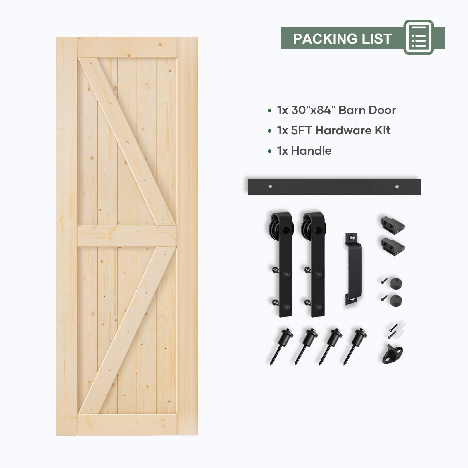 ROYMELO 30x84 inch Sliding Barn Wood Door Slab with 5ft Hardware Kit, Requires Simple DIY Assembly