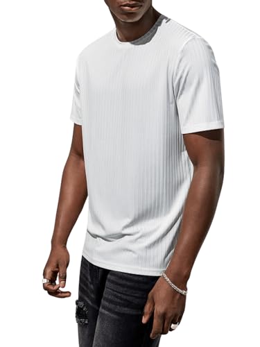 Verdusa Men's Short Sleeve Basic T Shirt Casual Round Neck Ribbed Tee Top White S