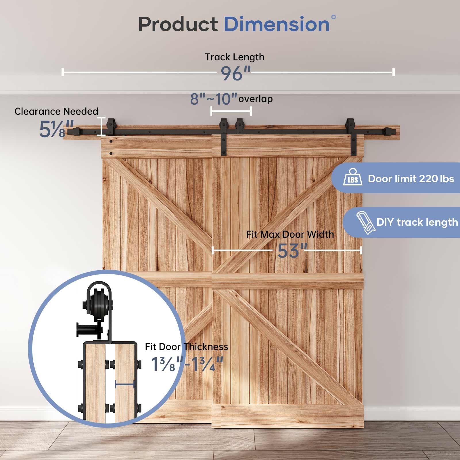 EaseLife 8 FT Bypass Double Sliding Barn Door Hardware Kit,Single Track,Heavy Duty,Slide Smoothly Quietly,Easy Install (8FT Track Kit for Double 53" Wide Door)