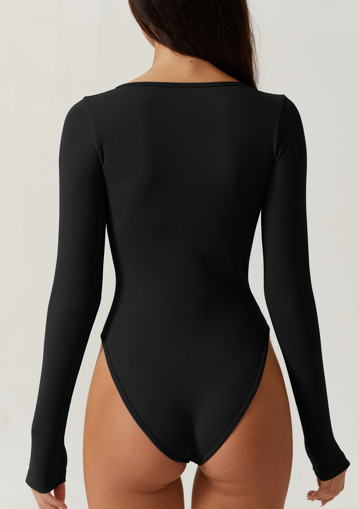 QINSEN Women's High Waist Seamless Slimming Fit Shirt Long Sleeve V Neck Bodysuit Top Black S