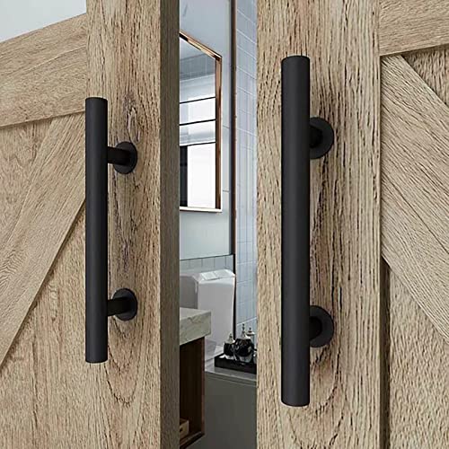 MIWOOYY 12 inch Barn Door Handle Matte Black - Handmade Rustic Sliding Barn Door Pull Flush Handles with Hook Lock Latch Set, Barn Door Gate Garage Hardware Kit