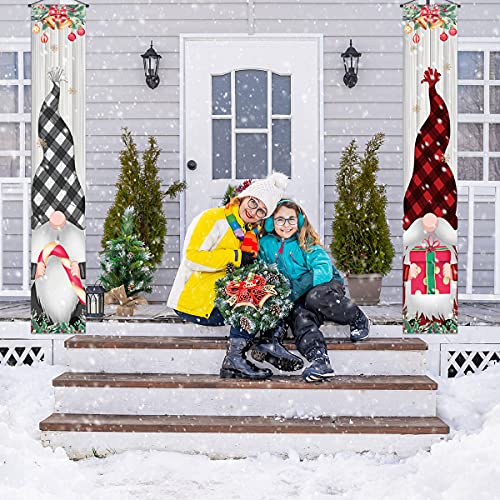 Rainlemon Merry Christmas Gnome Porch Banner Swedish Tomte Nordic Buffalo Check Plaid Front Door Sign Decoration