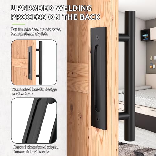 SANKEYTEW 2 Pack 12" Sliding Barn Door Handle Pulls and Flush Two-Sided Hardware Set with Barn Door Latch Lock, Barn Door Handles Black, Rustic, Protective Coating, Easy to Install