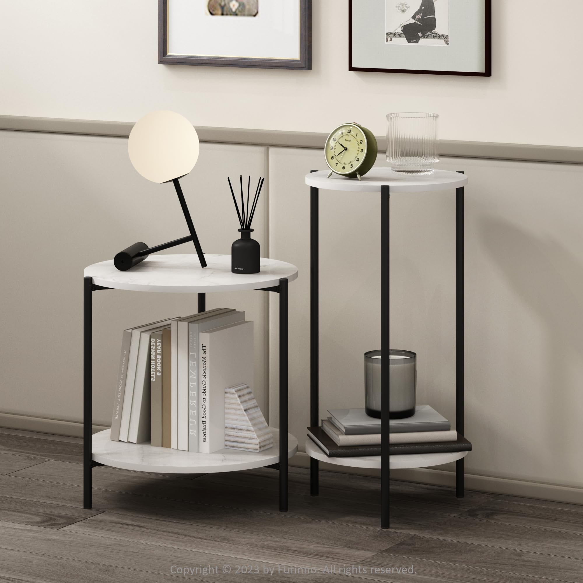 Furinno Besi 2-Tier Modern Round Side End Table with Sturdy Metal Legs, 15.55 (W) x 10.58 (H) x 5.46 (D) inches, Marble White
