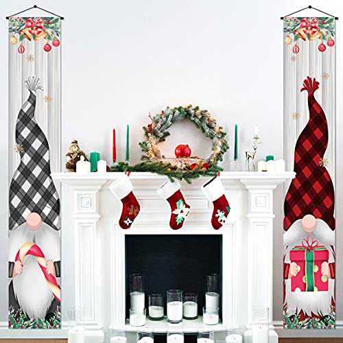 Rainlemon Merry Christmas Gnome Porch Banner Swedish Tomte Nordic Buffalo Check Plaid Front Door Sign Decoration