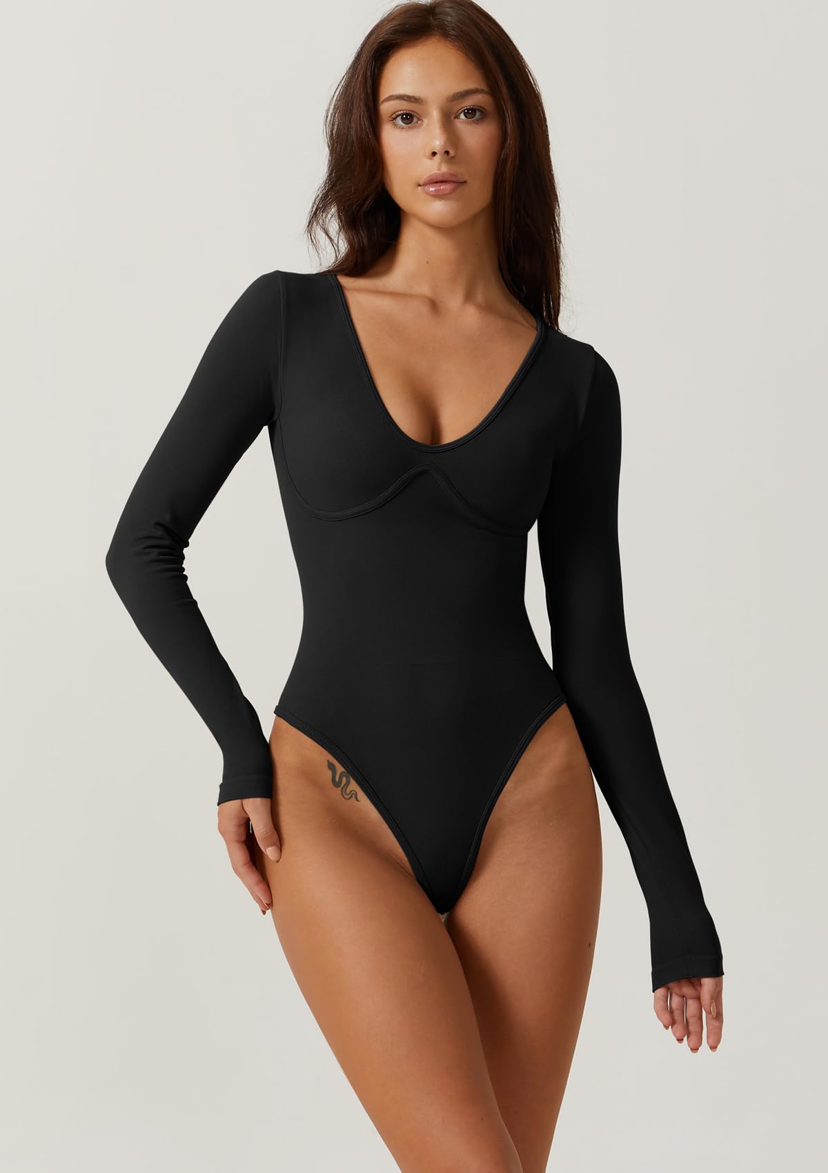 QINSEN Women's High Waist Seamless Slimming Fit Shirt Long Sleeve V Neck Bodysuit Top Black S