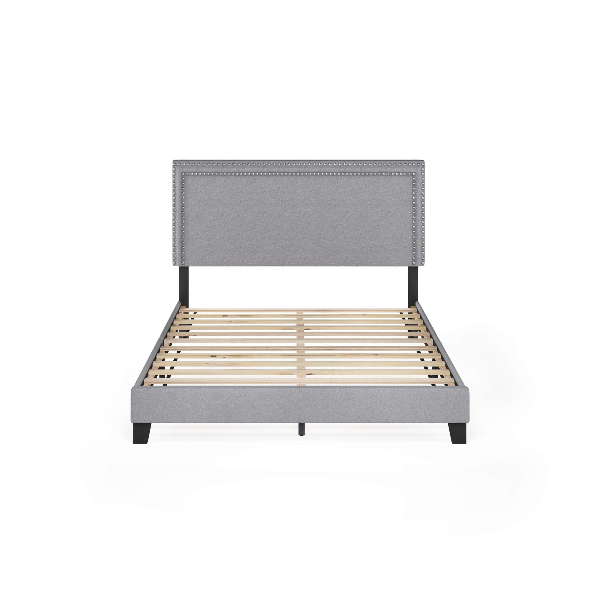 Furinno Laval Double Row Nail Head Upholstered Platform Bed Frame, Queen, Glacier
