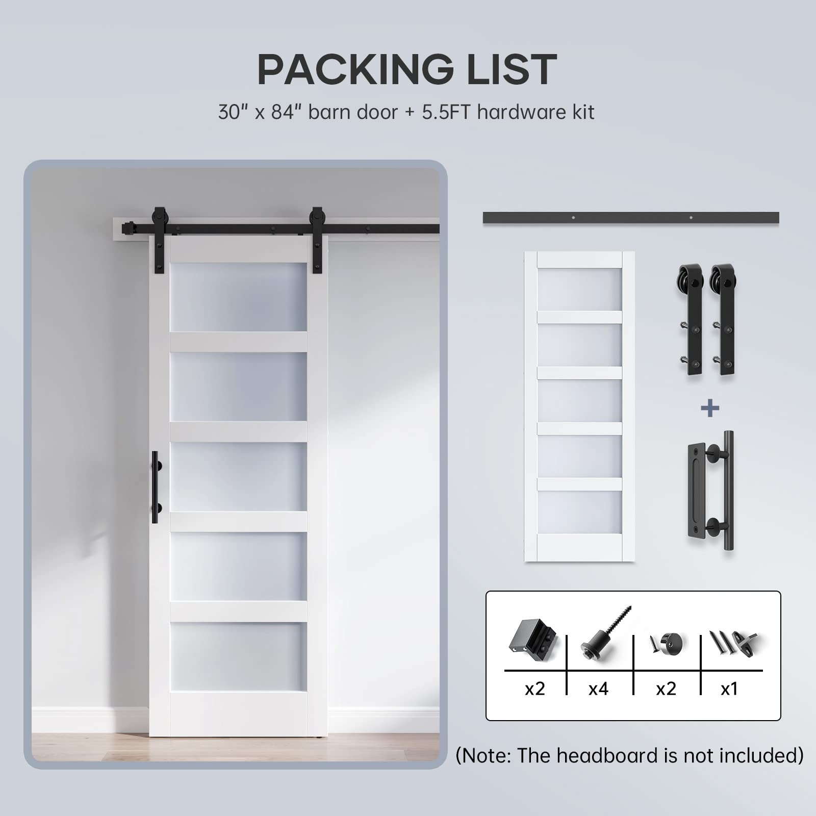 ROYMELO 30x84 Inch Glass Sliding Barn Door Slab and 5.5ft Hardware Kit Included, 5 Frosted Glass, LVL Wood Panel Covered with White Water-Proof Scratch-Proof PVC Surface, Simple DIY Assembly