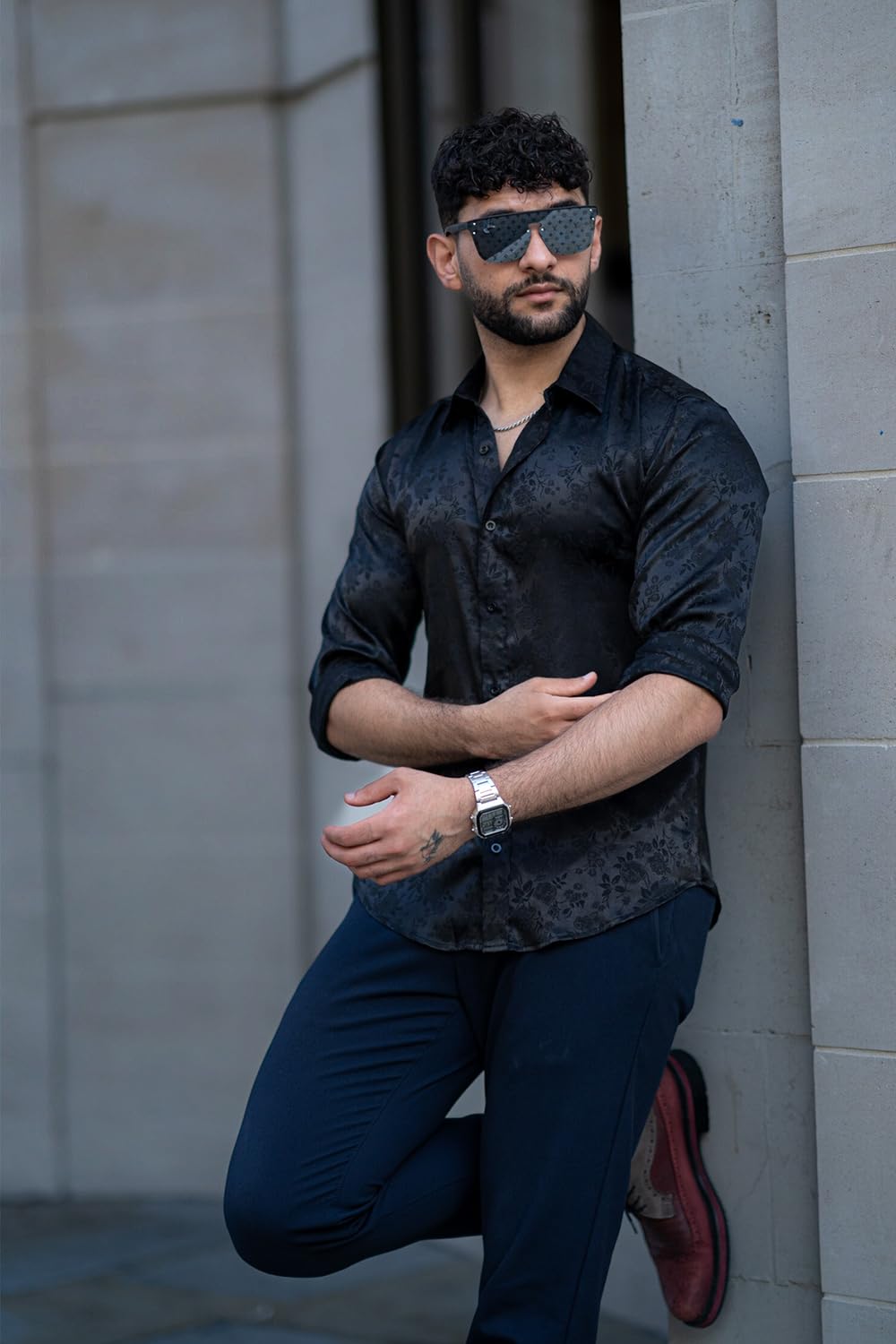 COOFANDY Mens Dress Shirt Casual Button Down Floral Rose Printed Prom Wedding Party, Black, Large, Long Sleeve