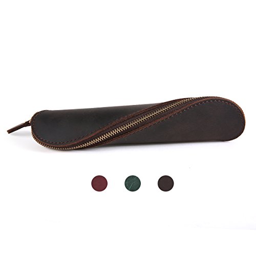 Genuine Leather Pencil Pouch Pen Holder Cosmetic Bag Lipstick Organizer Travel Makeup Case Full Grain Leather L7.9'' x W2'' (Brown)