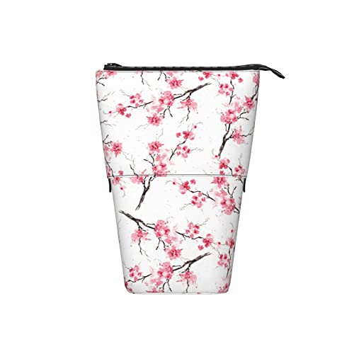 Arasrsey Pen Holder Pencil Telescopic Case Box, Cherry Blossom Spring Flowers, Stand up Pencil Bag with Zipper for School Office