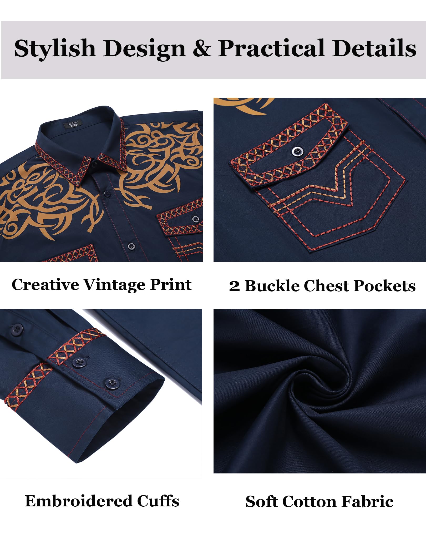 COOFANDY Western Shirts for Men with Snap Buttons Regular Fit Printed Mens Long Sleeve Shirts Casual Blue Large