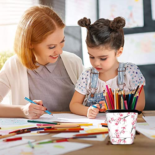 Arasrsey Pen Holder Pencil Telescopic Case Box, Cherry Blossom Spring Flowers, Stand up Pencil Bag with Zipper for School Office