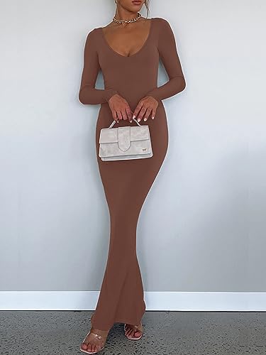 REORIA Women's Sexy Soft Lounge Ribbed Long Dress Fall Elegant Formal Wedding Guest Long Sleeve Deep V Neck Bodycon Maxi Dresses Coffee Small