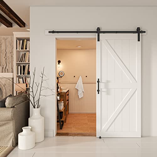 ALAMEDADT 36'' x84'' Sliding Barn Door Kit with 6.6 Ft Barn Door Hardware Kit, MDF, Solid Core, Combined with Handle and Floor Guide-Assembly Required-Include Installation Manual, K Shape, White