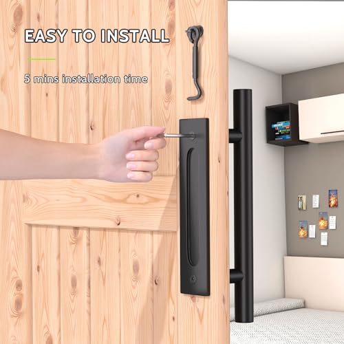SANKEYTEW 2 Pack 12" Sliding Barn Door Handle Pulls and Flush Two-Sided Hardware Set with Barn Door Latch Lock, Barn Door Handles Black, Rustic, Protective Coating, Easy to Install