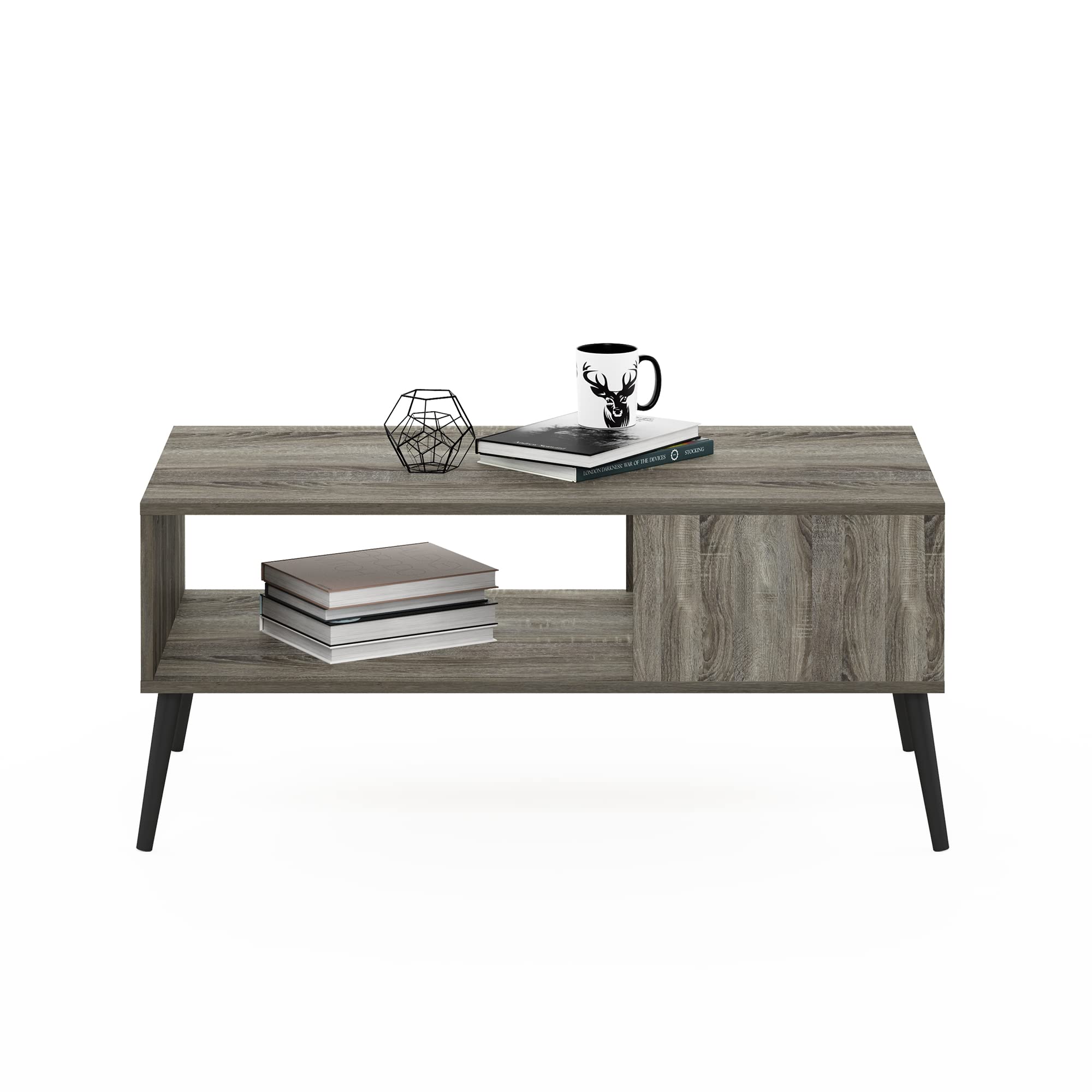 Furinno Claude Mid Century Style Coffee Table with Wood Legs, French Oak Grey Large Non-Lift Top