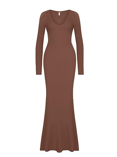 REORIA Women's Sexy Soft Lounge Ribbed Long Dress Fall Elegant Formal Wedding Guest Long Sleeve Deep V Neck Bodycon Maxi Dresses Coffee Small