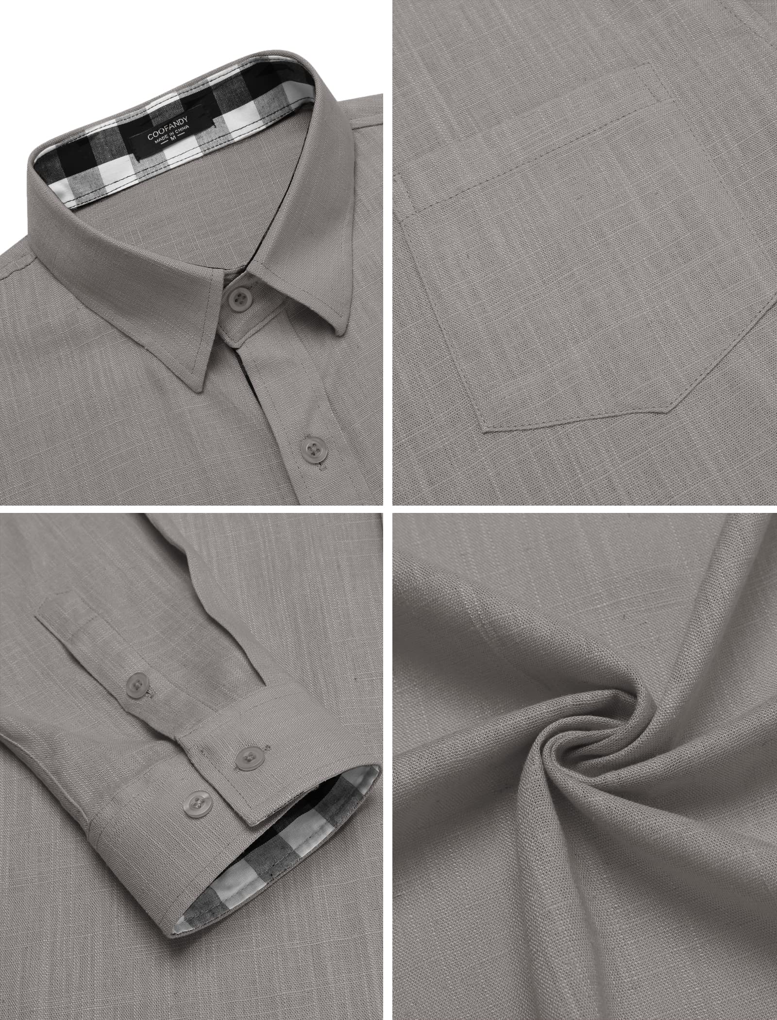 COOFANDY Mens Shirt Casual Linen Dress Plaid Collar Button Down, Grey, Large, Long Sleeve