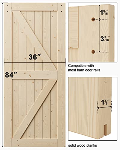 WINSOON 36 x 84 inch Sliding Barn Door Interior Paneled Slab, DIY Unfinished Barn Doors Solid Spruce Wood, K Frame, Pre-Drilled, Bottom Grooved, Easy to Install, Natural