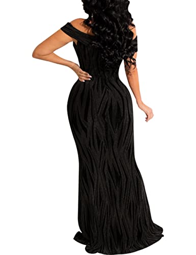 MAYFASEY Women's Sexy Off The Shoulder V Neck High Split Cocktail Party Long Formal Dress Floor Length Evening Gown Black L