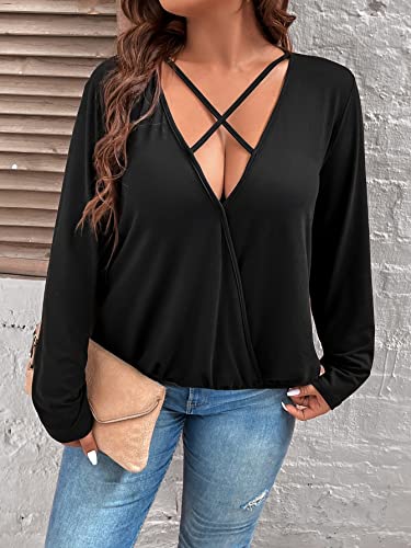 WDIRARA Women's Plus Size Criss Cross Wrap Deep V Neck Long Sleeve Tee T Shirt Black 3XL