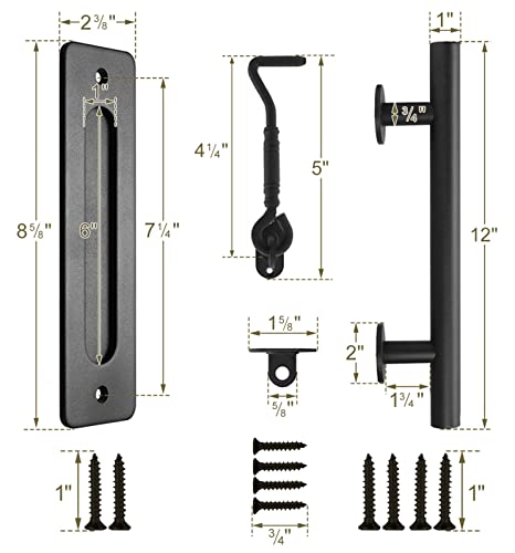 MIWOOYY 12 inch Barn Door Handle Matte Black - Handmade Rustic Sliding Barn Door Pull Flush Handles with Hook Lock Latch Set, Barn Door Gate Garage Hardware Kit
