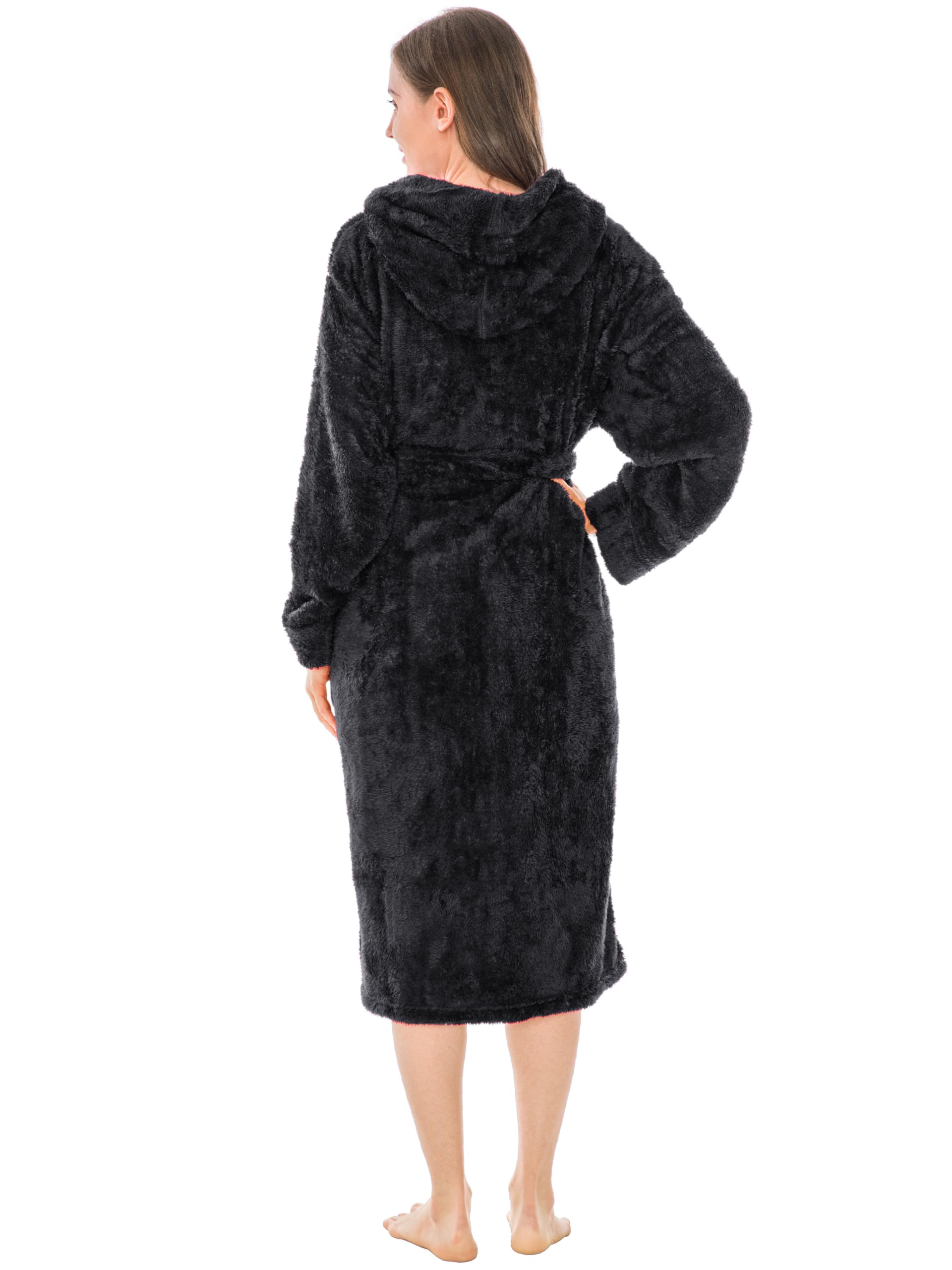 PAVILIA Women Hooded Plush Soft Robe | Fluffy Warm Fleece Sherpa Shaggy Bathrobe (L/XL, Black)