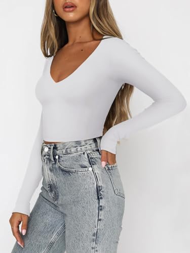 REORIA Womens Fall Sexy Casual V Neck Long Sleeve Double Lined Fitted Going Out Basic Cute Y2k Trendy T Shirts Crop Tops Tees White-Small