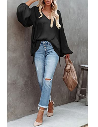 Chigant Women's Sexy Satin Shirts Silk V Neck Long Sleeve Casual Blouses Business Casual Tops Plus Size Black X-Large