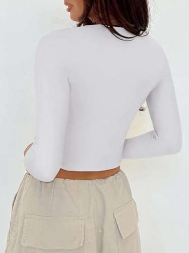 REORIA Womens Fall Sexy Casual V Neck Long Sleeve Double Lined Fitted Going Out Basic Cute Y2k Trendy T Shirts Crop Tops Tees White-Small