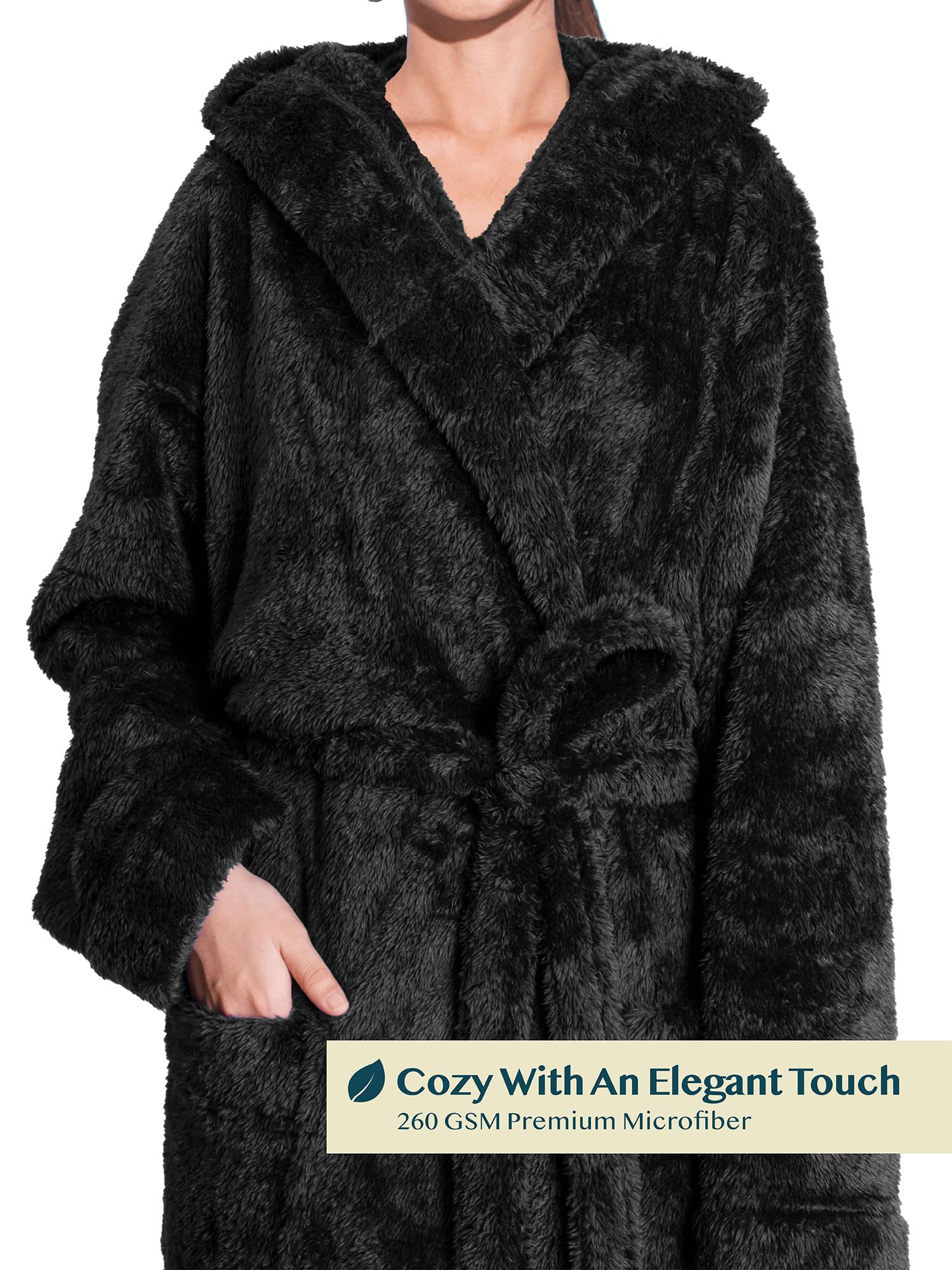PAVILIA Women Hooded Plush Soft Robe | Fluffy Warm Fleece Sherpa Shaggy Bathrobe (L/XL, Black)