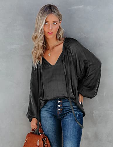 Chigant Women's Sexy Satin Shirts Silk V Neck Long Sleeve Casual Blouses Business Casual Tops Plus Size Black X-Large