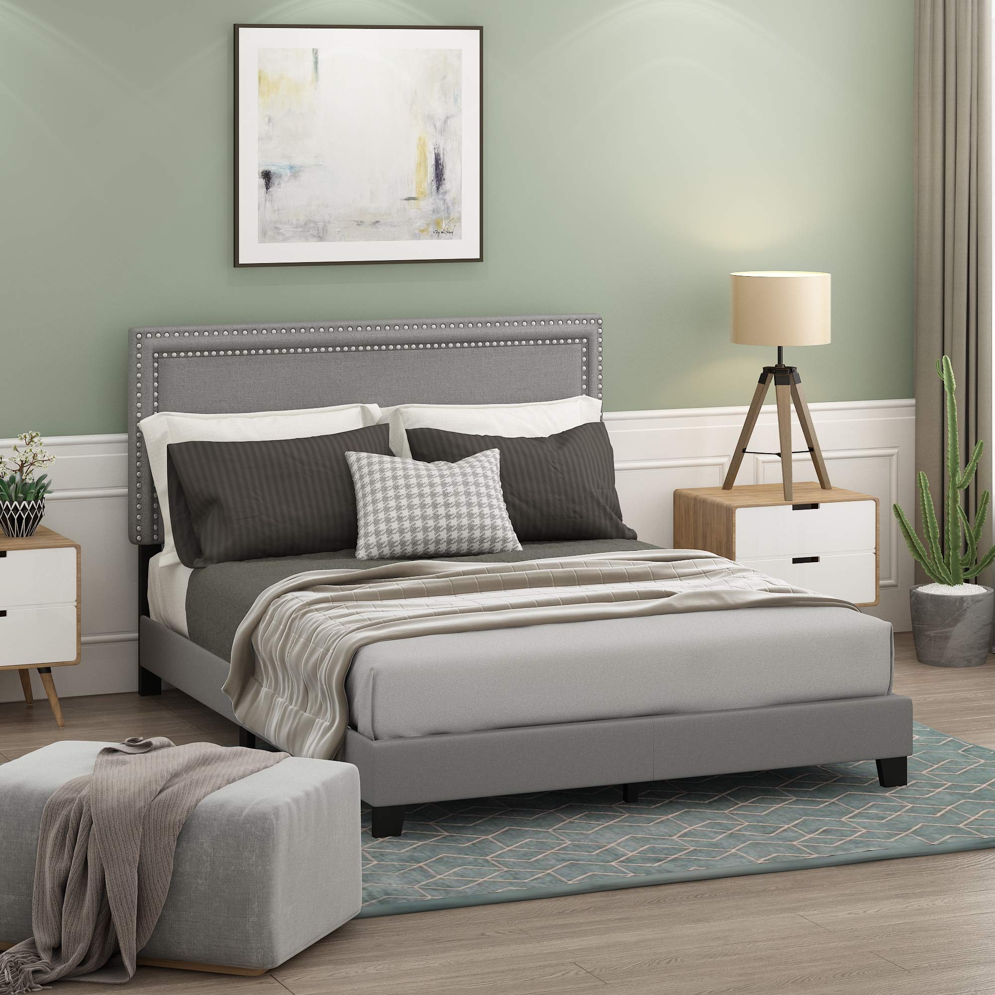 Furinno Laval Double Row Nail Head Upholstered Platform Bed Frame, Queen, Glacier