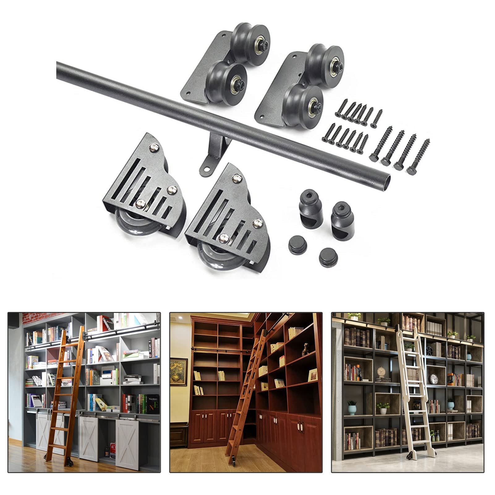Rolling Ladder Hardware (No Ladder) Sliding Barn Door Kit 3.3ft-20ft Rolling Ladder Hardware Library Sliding Ladder Hardware Kit Round Track/Rail, with Floor Roller Wheels(No Ladder) ( Size : 3.3ft/10
