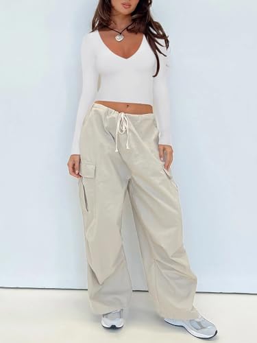REORIA Womens Fall Sexy Casual V Neck Long Sleeve Double Lined Fitted Going Out Basic Cute Y2k Trendy T Shirts Crop Tops Tees White-Small