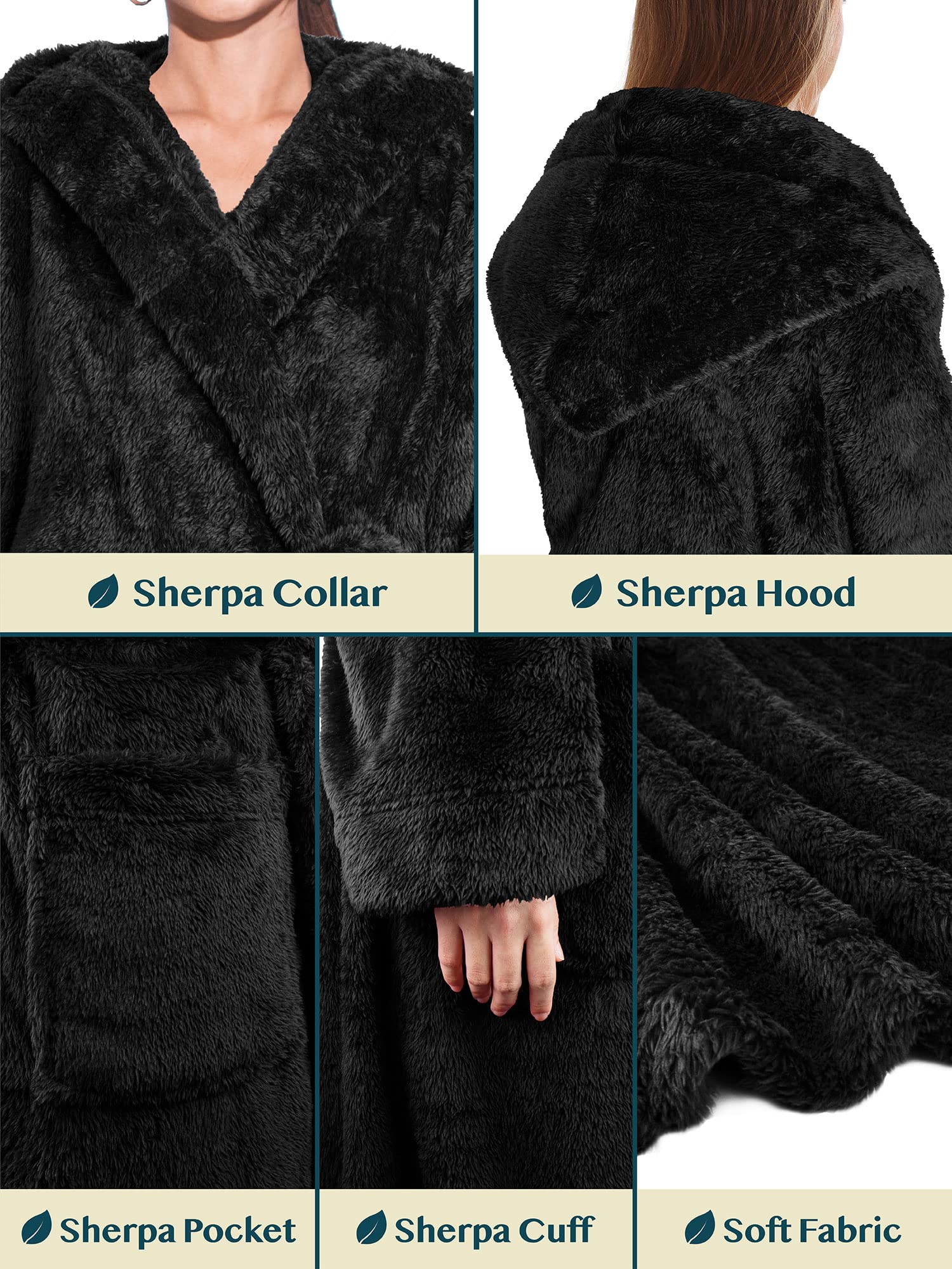 PAVILIA Women Hooded Plush Soft Robe | Fluffy Warm Fleece Sherpa Shaggy Bathrobe (L/XL, Black)