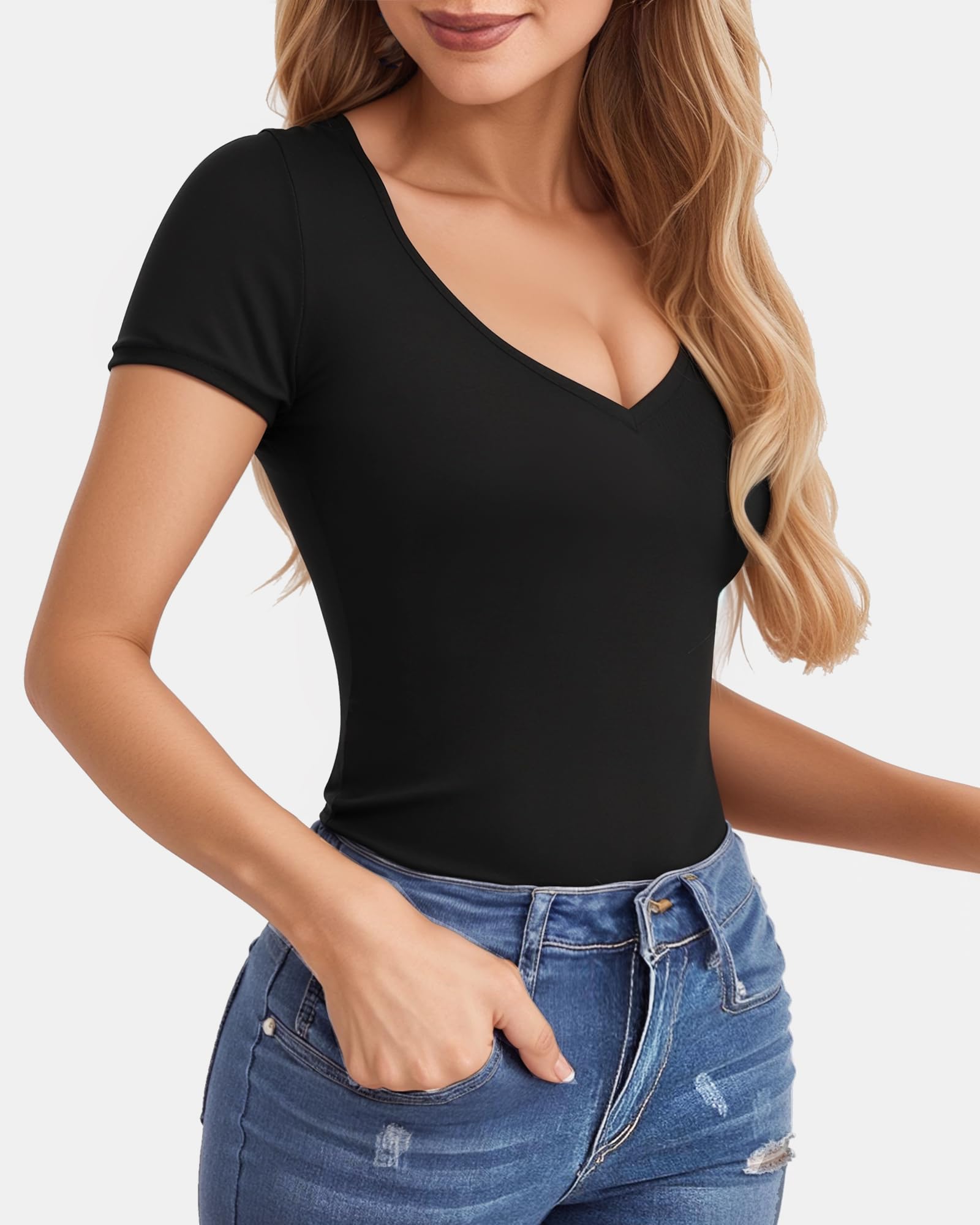 CLOZOZ Womens V Neck Short Sleeve Long Sleeve Shirt Fitted T Shirts Basic Tee Tops for Women Sexy Casual (2-shortseeve-Black, Medium)