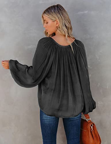 Chigant Women's Sexy Satin Shirts Silk V Neck Long Sleeve Casual Blouses Business Casual Tops Plus Size Black X-Large