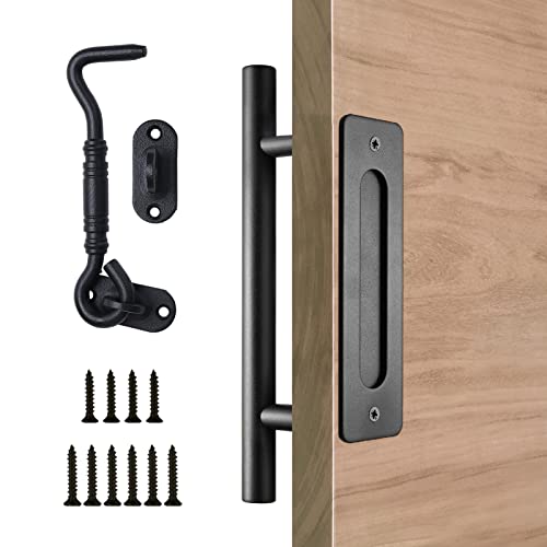 MIWOOYY 12 inch Barn Door Handle Matte Black - Handmade Rustic Sliding Barn Door Pull Flush Handles with Hook Lock Latch Set, Barn Door Gate Garage Hardware Kit